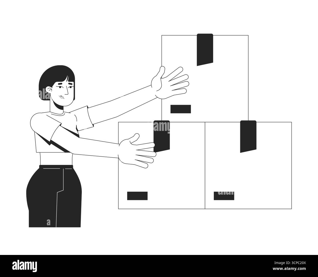 Frustrated asian woman reaching toward stack of cardboard boxes 2D line ...