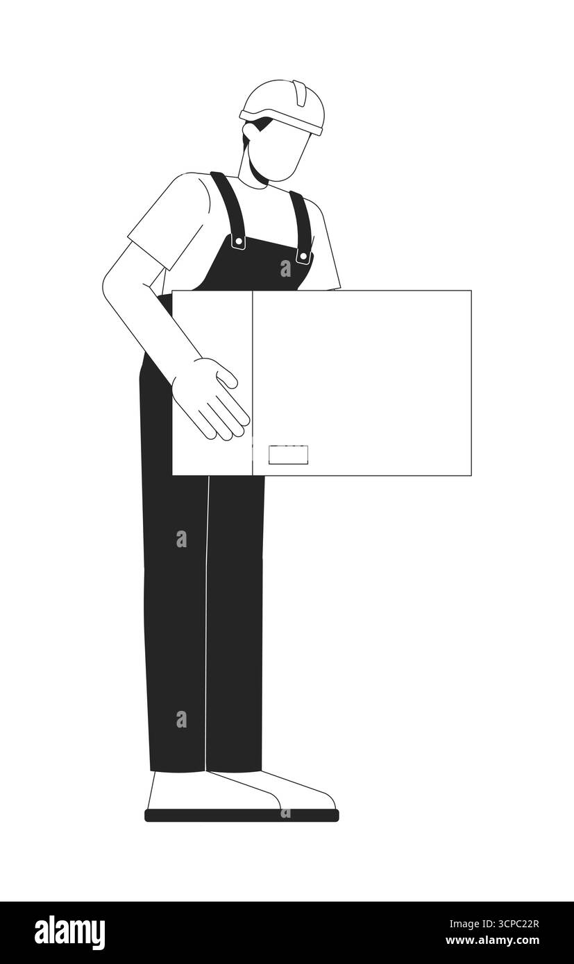 Faceless warehouse worker carrying cardboard box 2D line character ...