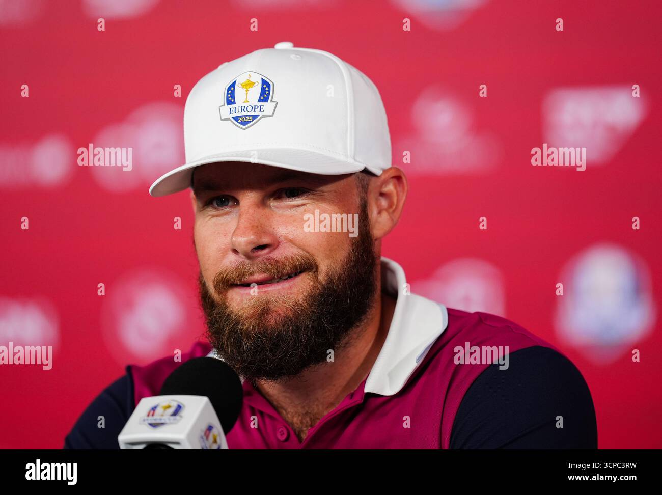 Tyrrell Hatton of Team Europe during a press conference at the Bethpage ...