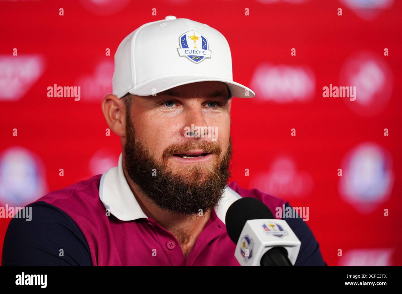 Tyrrell Hatton of Team Europe during a press conference at the Bethpage ...