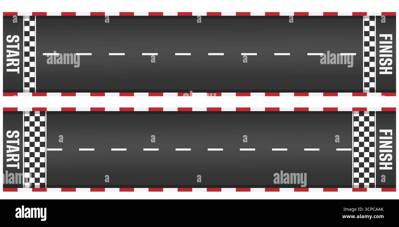 Top view of straight race track roadway with start and finish line ...