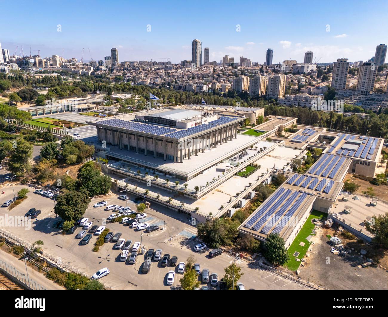 Aerial view of The Knesset parliament building with solar panels ...