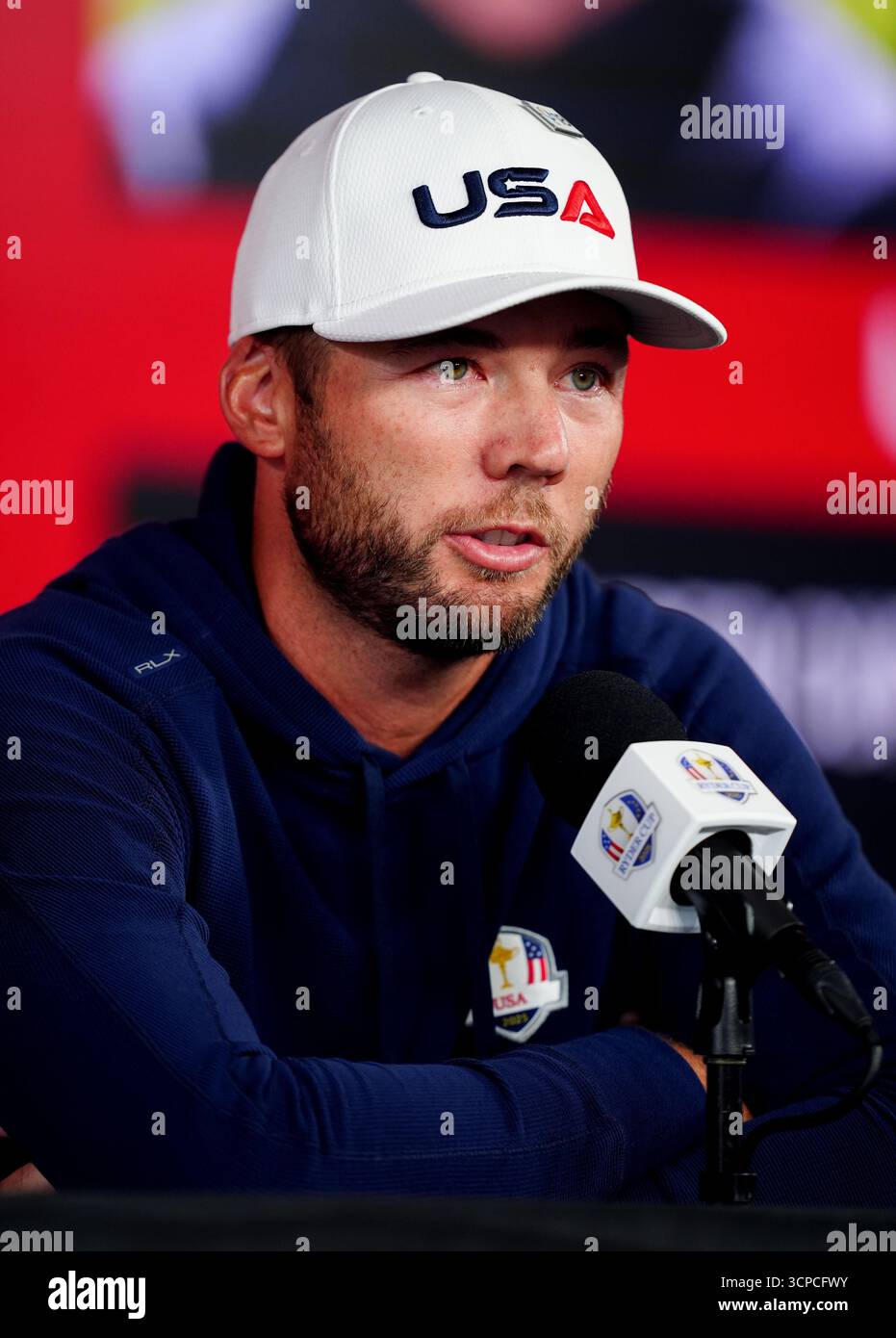 Sam Burns of Team United States during a press conference at the ...