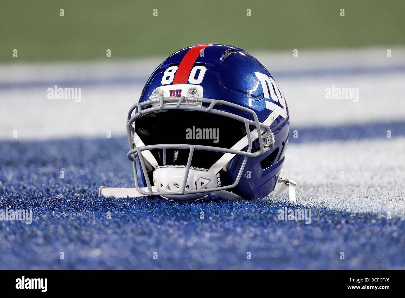 New York Giants helmets are seen before an NFL football game against ...