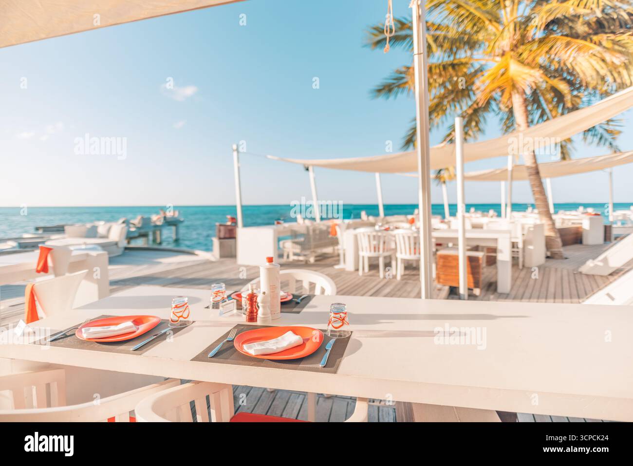Luxury beach resort outdoors restaurant. Modern tables chairs, luxurious design. Sea view palm ...