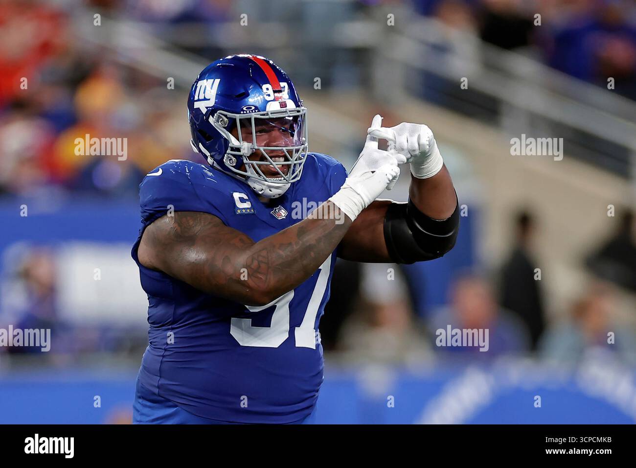 New York Giants defensive tackle Dexter Lawrence (97) reacts during an ...