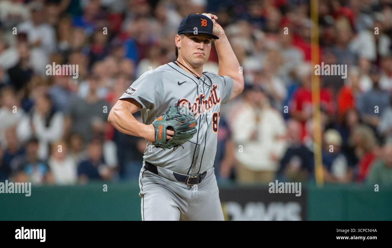 Detroit Tigers relief pitcher Tyler Holton checks Cleveland Guardians ...