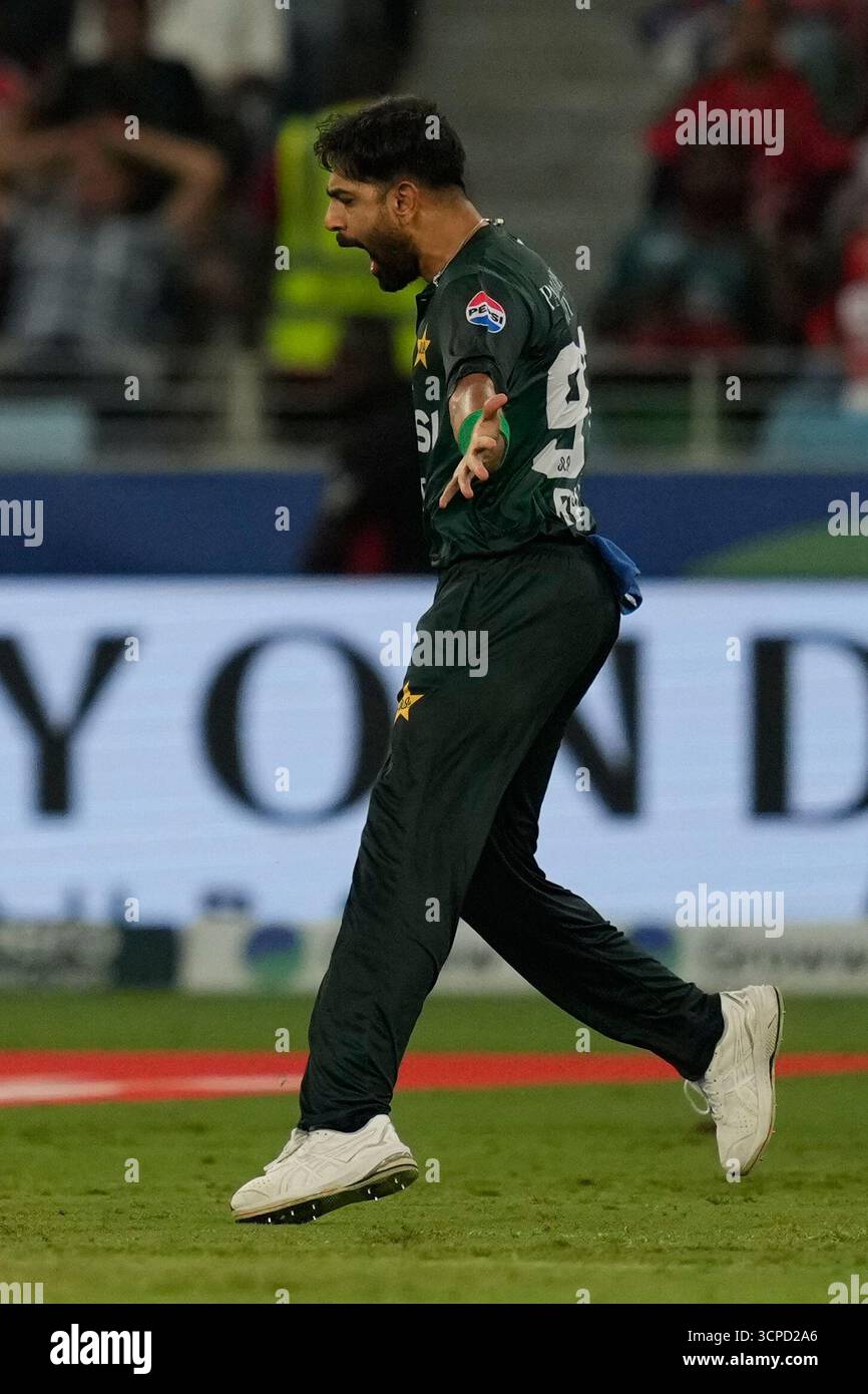 Pakistan's Haris Rauf celebrates the dismissal of Bangladesh's Saif ...