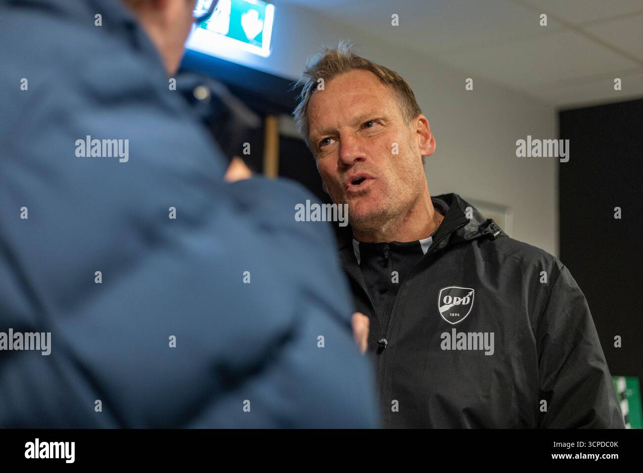 Skien 20250925. Odd's coach Per Frandsen after the NM football match ...