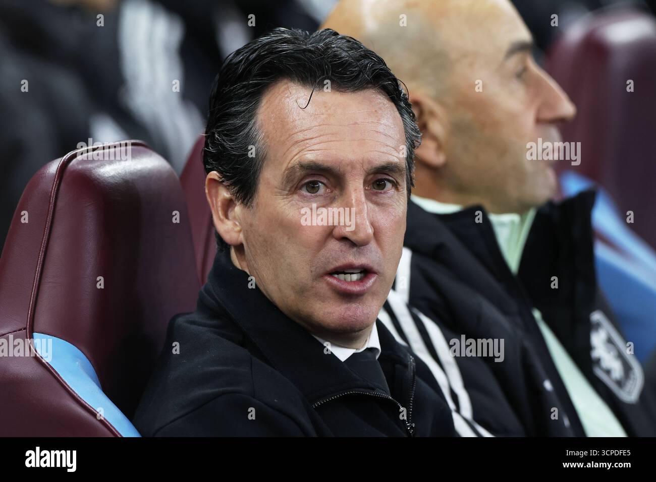 Aston Villa's head coach Unai Emery looks out from the bench prior to ...