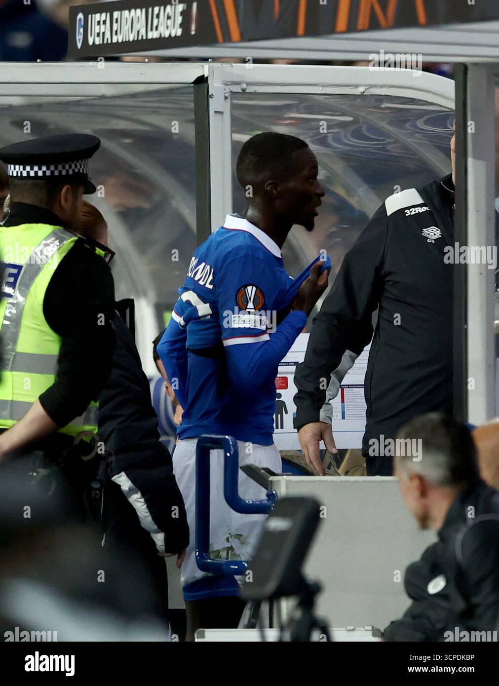 Rangers' Mohammed Diomande walks up the tunnel after being shown a red ...