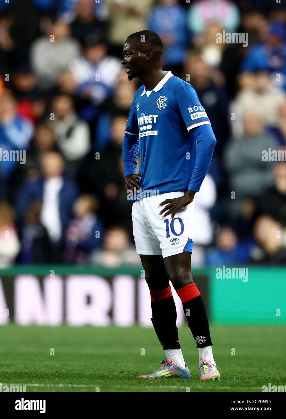 Rangers' Mohammed Diomande reacts after being shown a red card during ...