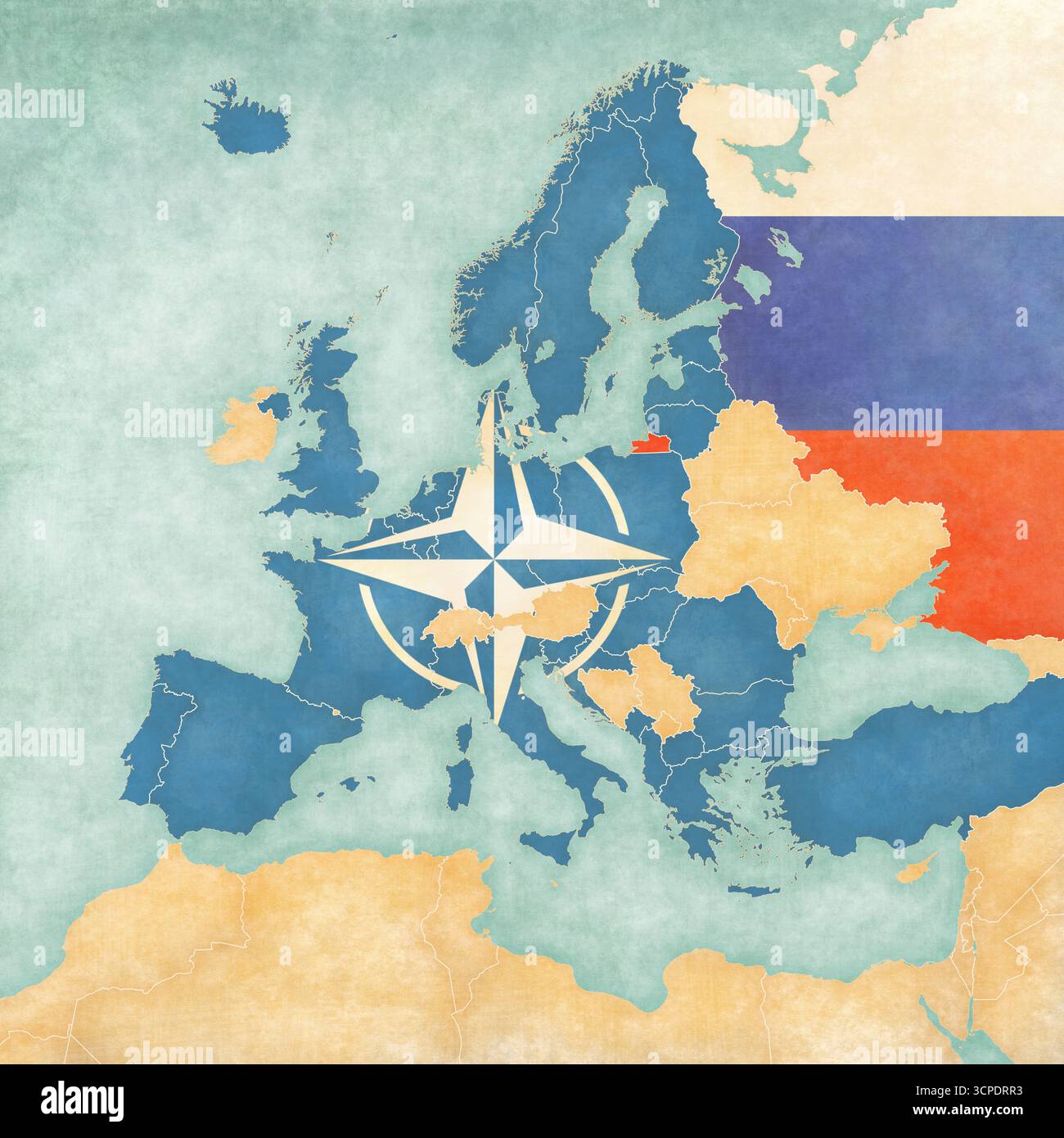 NATO and Russia on the map of Europe in soft grunge and vintage style ...