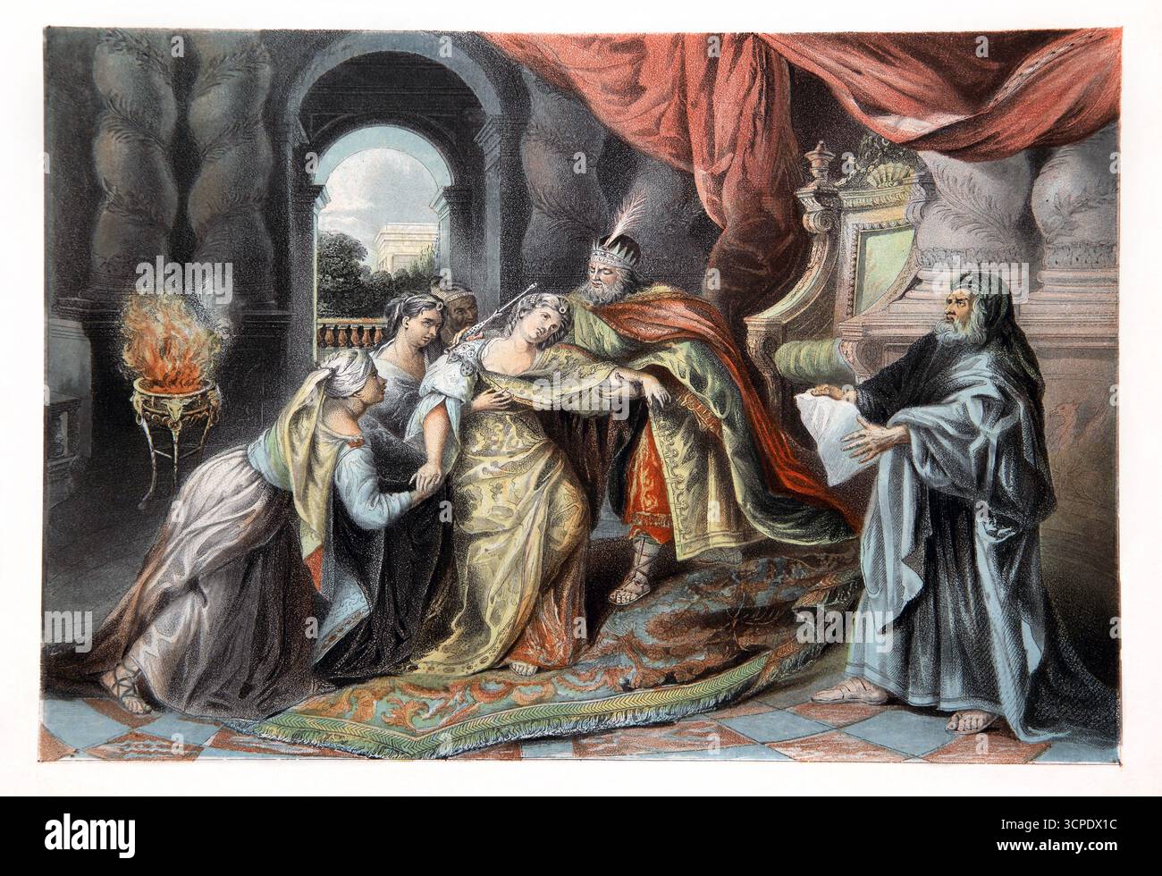 19th Century Hand Painted Illustration of Esther falling down at King ...