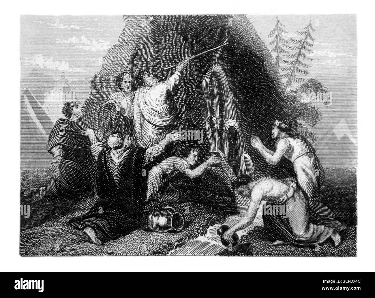 19th Century (1851) Engraving of Moses Striking the Rock Twice and the ...