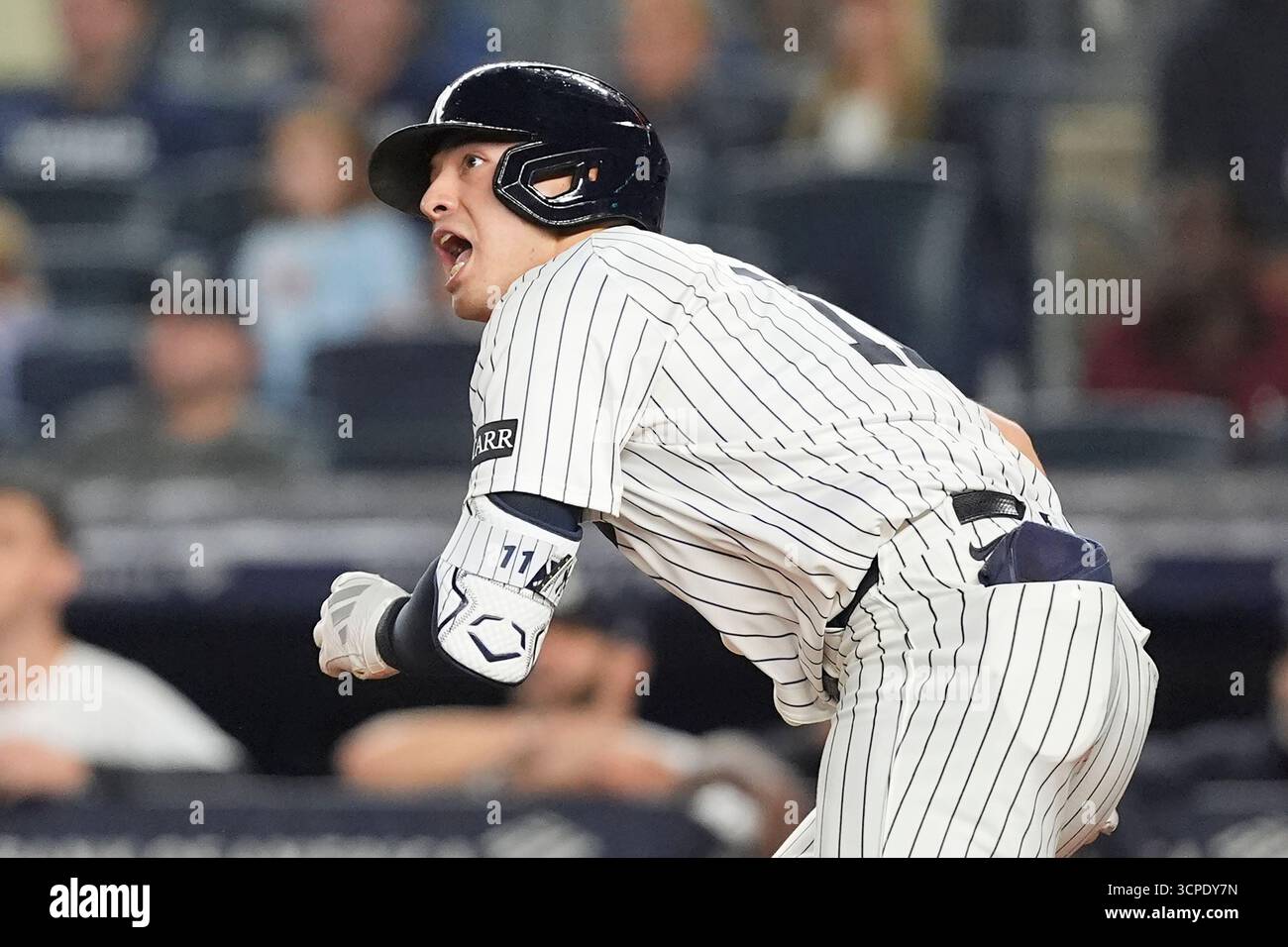 BRONX, NY - SEPTEMBER 24: New York Yankees Shortstop Anthony Volpe (11) runs out a double during ...