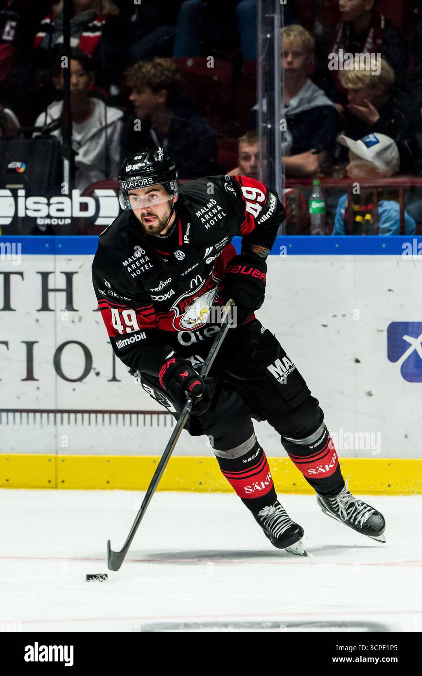 250925 Malmö Redhawks Seth Barton under ishockeymatchen i SHL mellan Malmö Redhawks och Brynäs ...