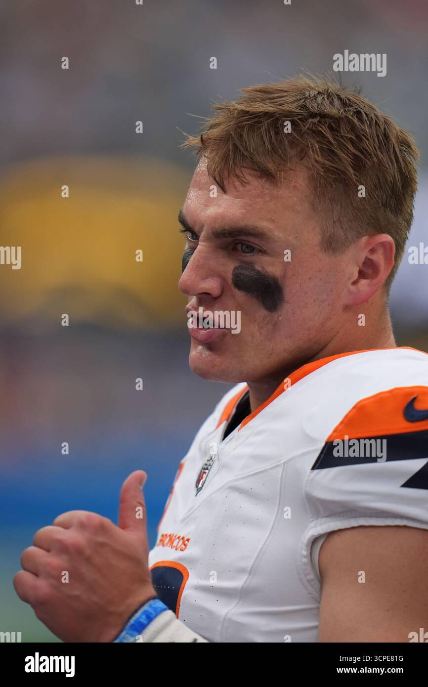 Denver Broncos quarterback Bo Nix gestures against the Los Angeles ...