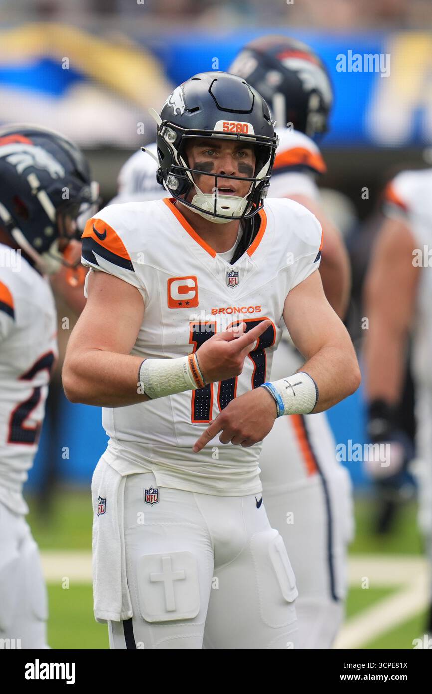 Denver Broncos quarterback Bo Nix gestures against the Los Angeles ...