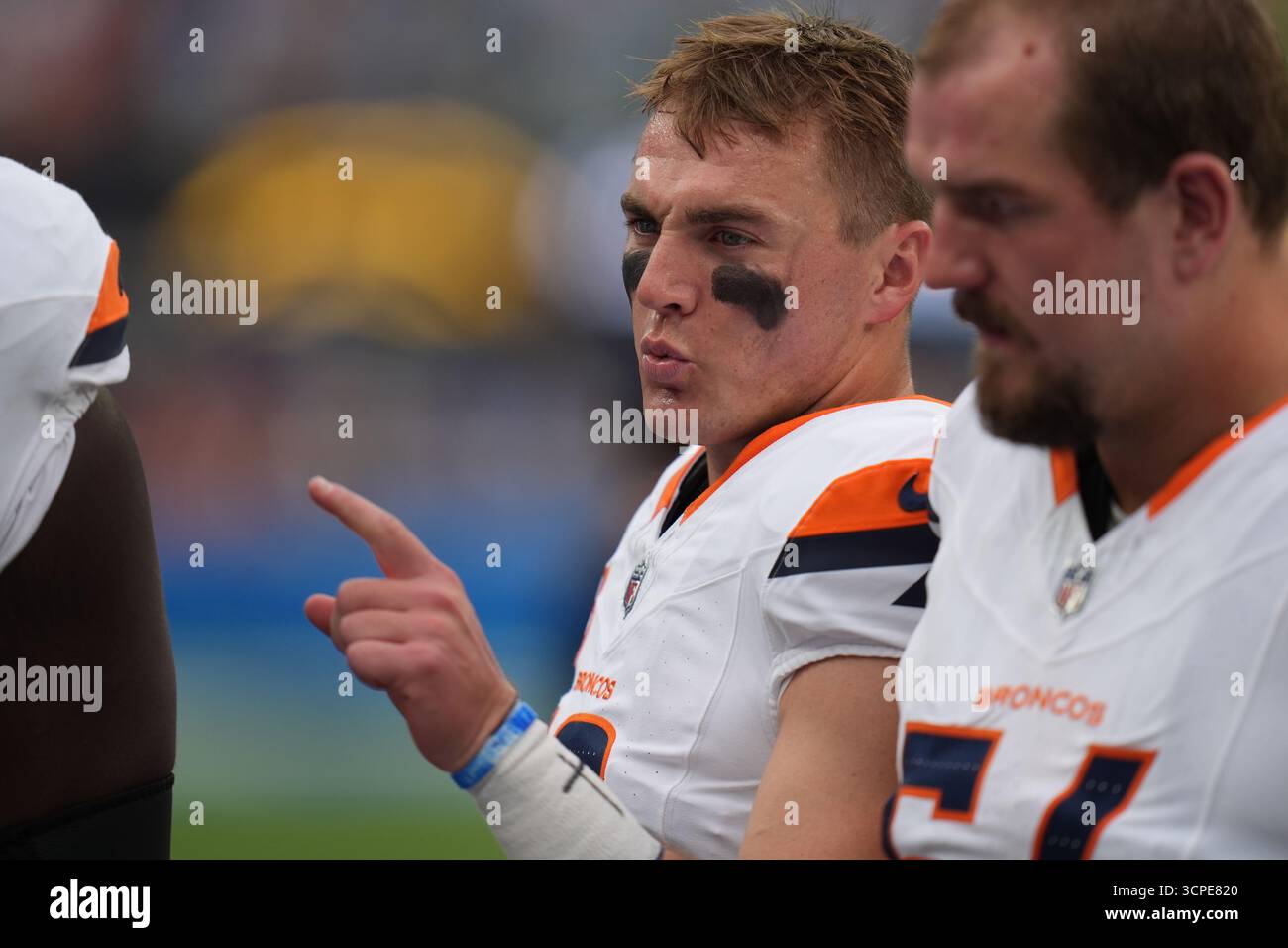 Denver Broncos quarterback Bo Nix gestures against the Los Angeles ...