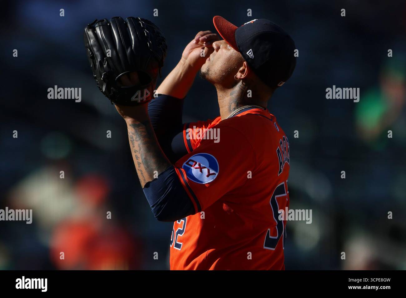 Houston Astros pitcher Bryan Abreu reacts after the final out of the ...