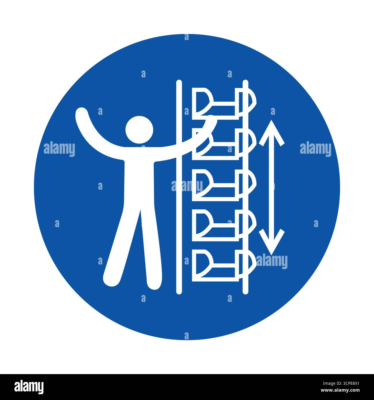 This image features a safety icon showing a human figure using a ladder ...