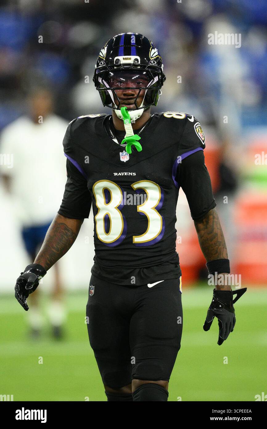 Baltimore Ravens wide receiver Lajohntay Wester (83) warms up before an ...