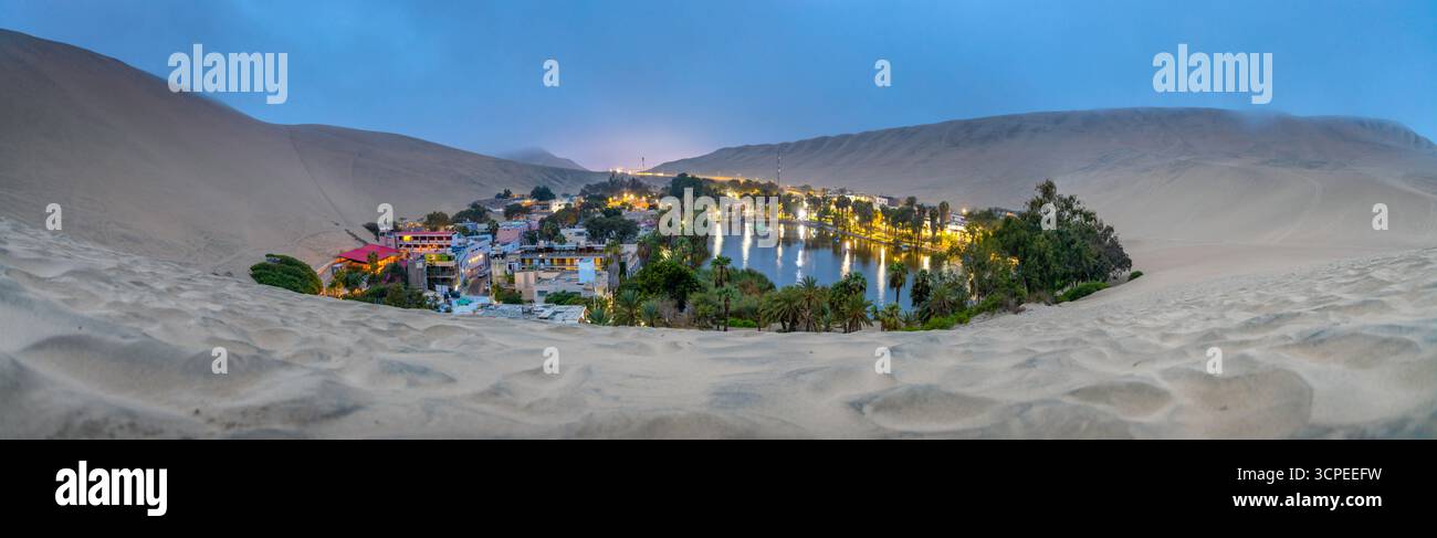Oasis Huacachina high resolution wide angle panoramic landscape. Sand ...