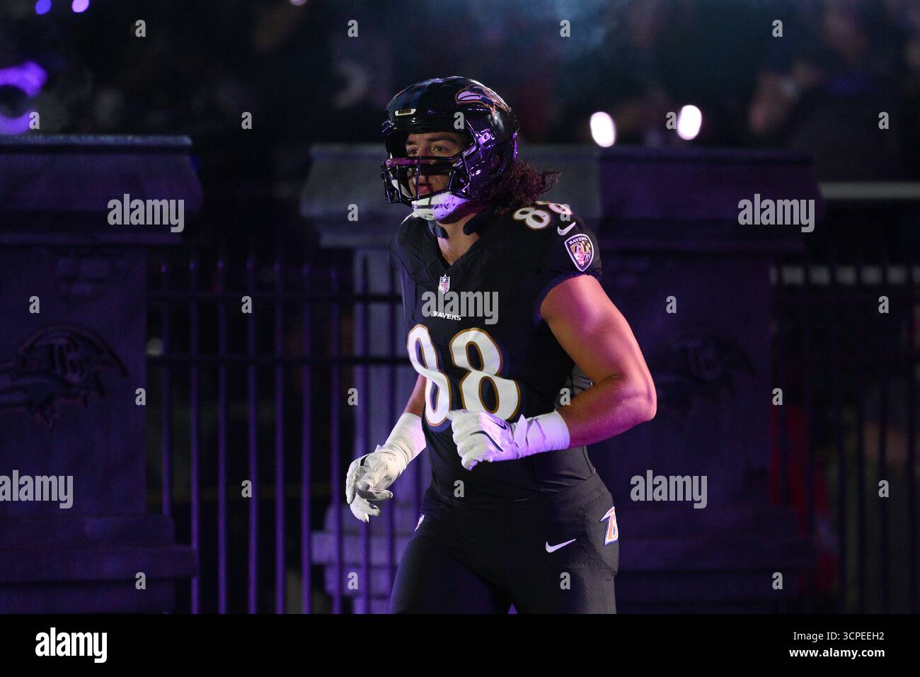 Baltimore Ravens tight end Charlie Kolar (88) takes to the field before ...