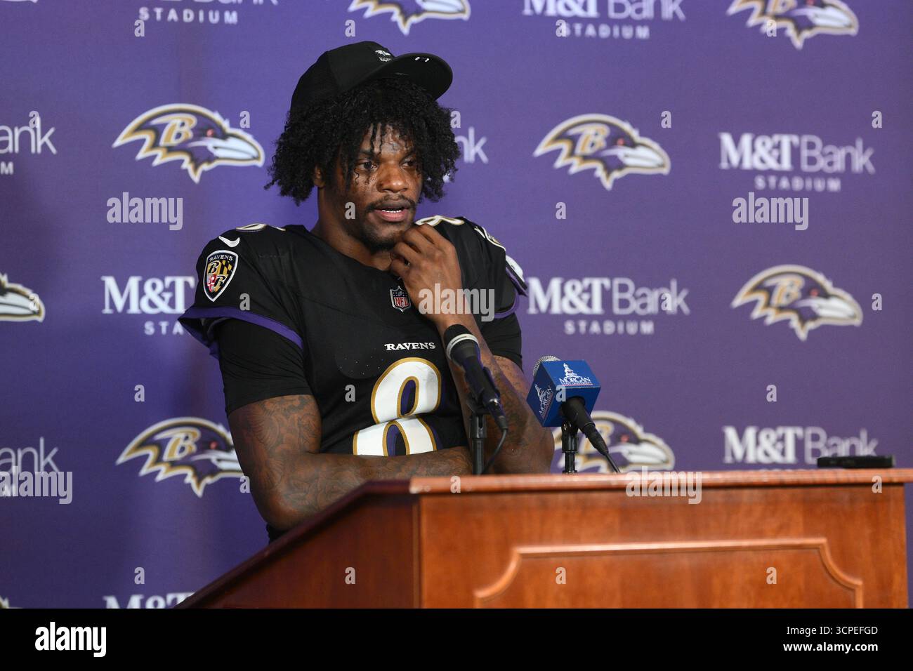 Baltimore Ravens quarterback Lamar Jackson (8) talks to reporters ...