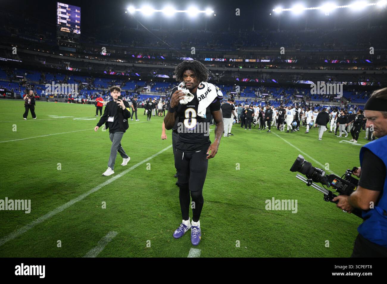 Baltimore Ravens quarterback Lamar Jackson (8) after an NFL football ...