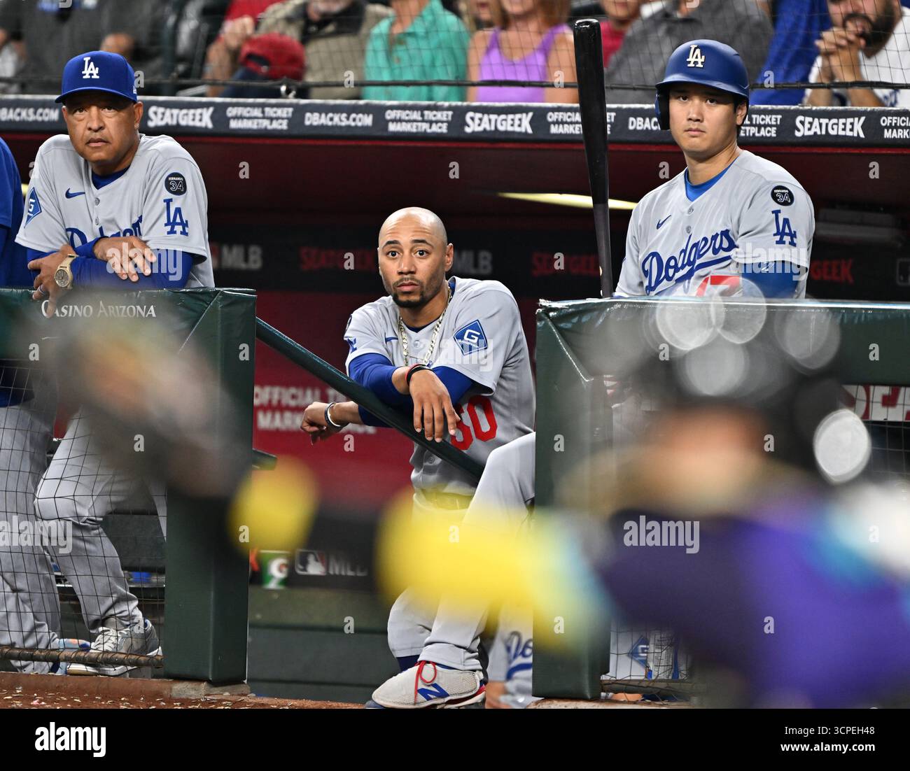 (L-R) Los Angeles Dodgers' Shohei Ohtani, Mookie Betts, and manager ...