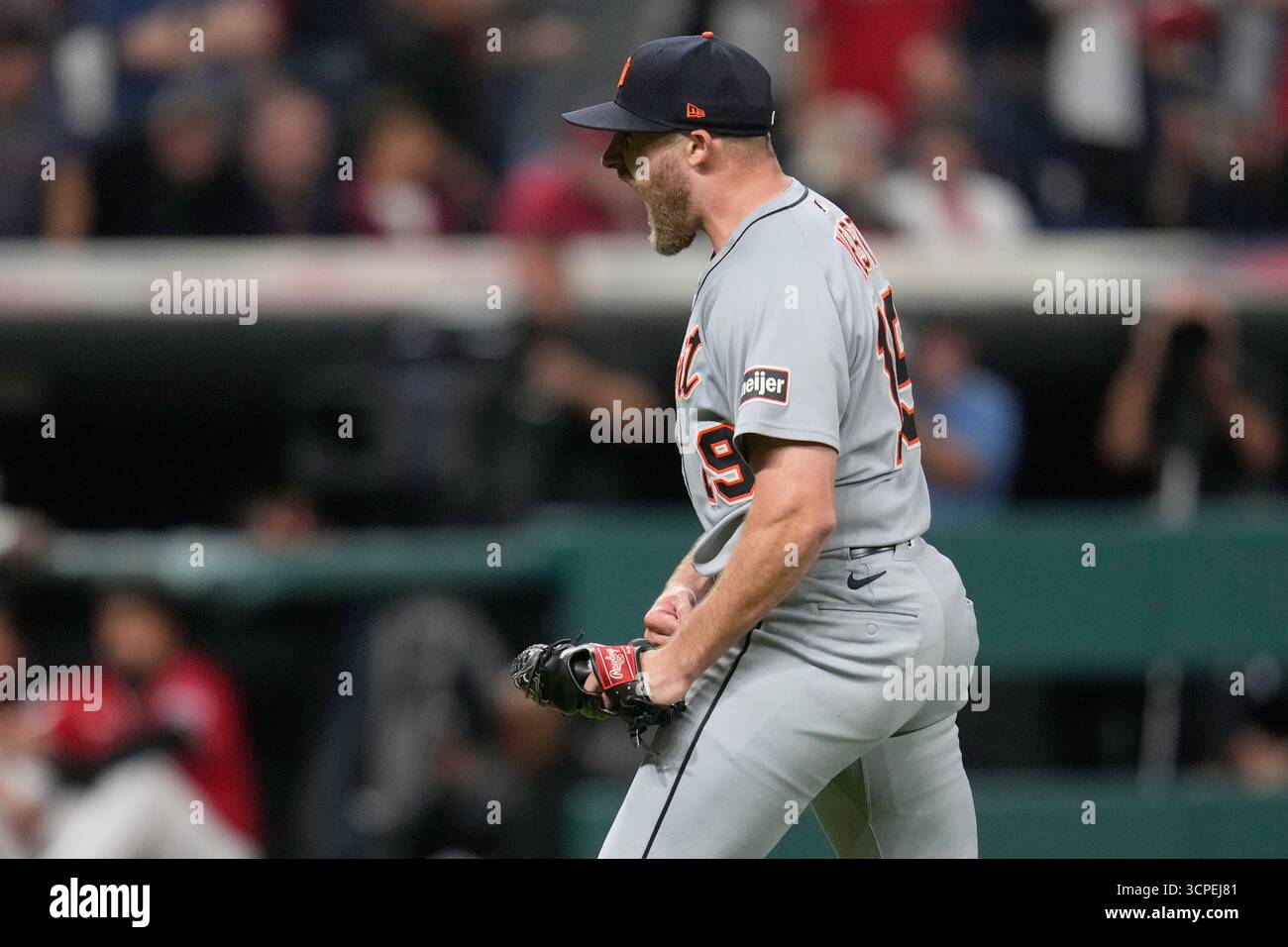 Detroit Tigers relief pitcher Will Vest (19) reacts after the Detroit ...
