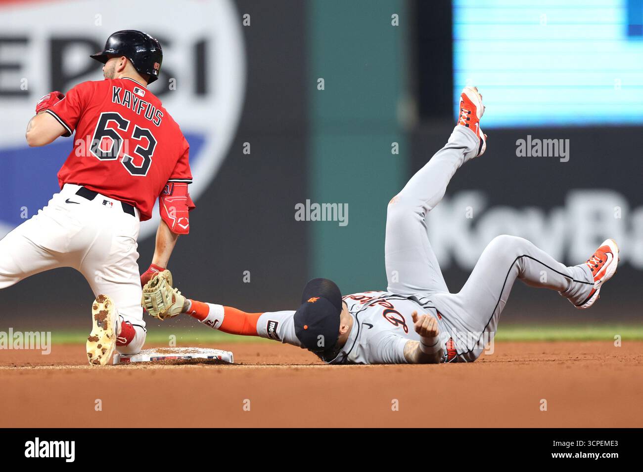 Detroit Tigers Javier Baez (28) attempts to tag Cleveland Guardians C.J ...