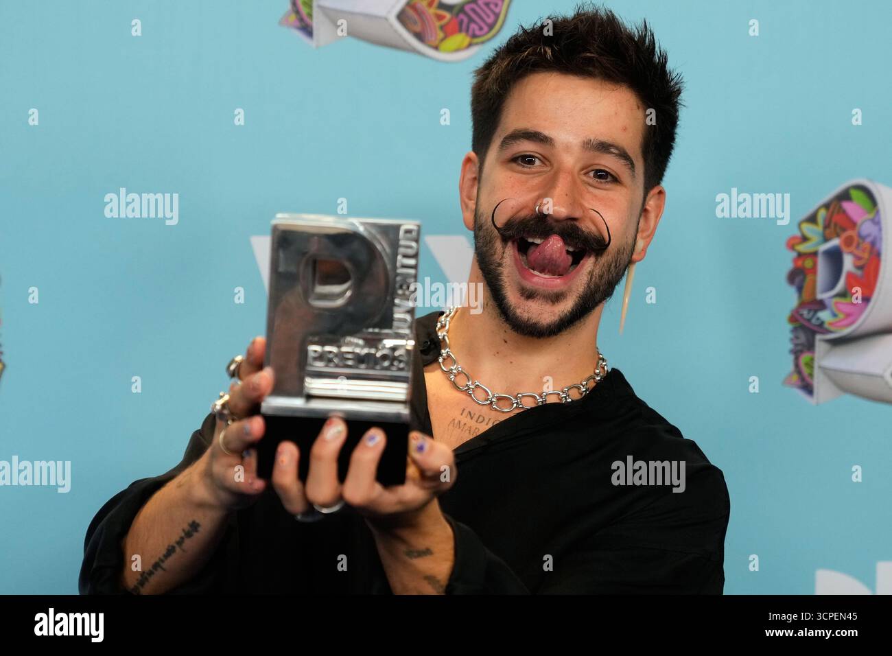 Colombian singer Camilo poses after winning the Best Pop-Rock Song at ...