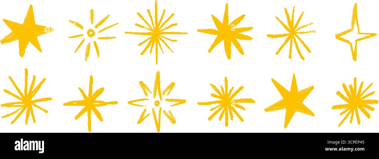 Gold crayon hand drawn stars and sparkles set. Yellow rough brush ...