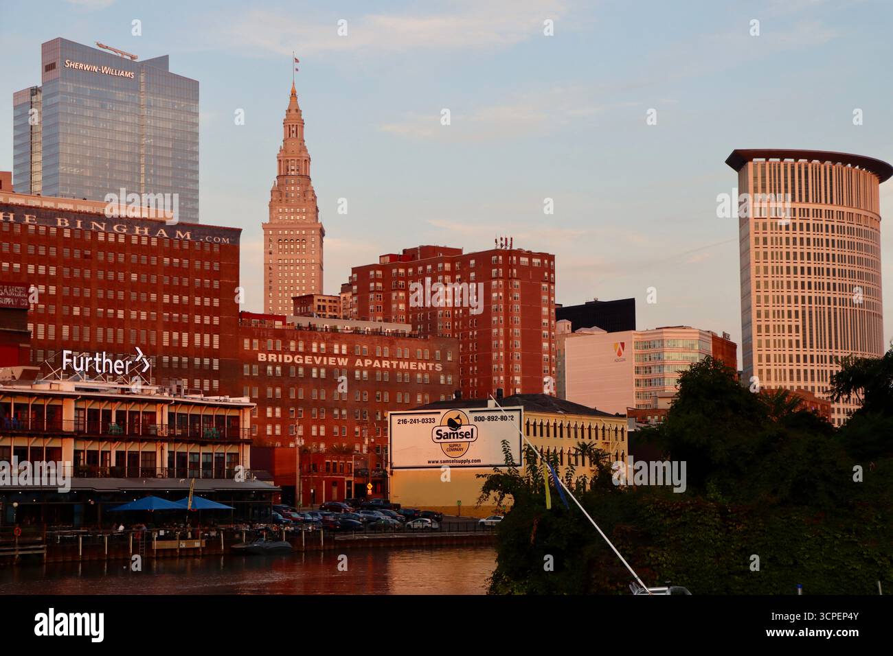 Downtown Cleveland skyline seen from westside of Cuyahoga river, Sept ...