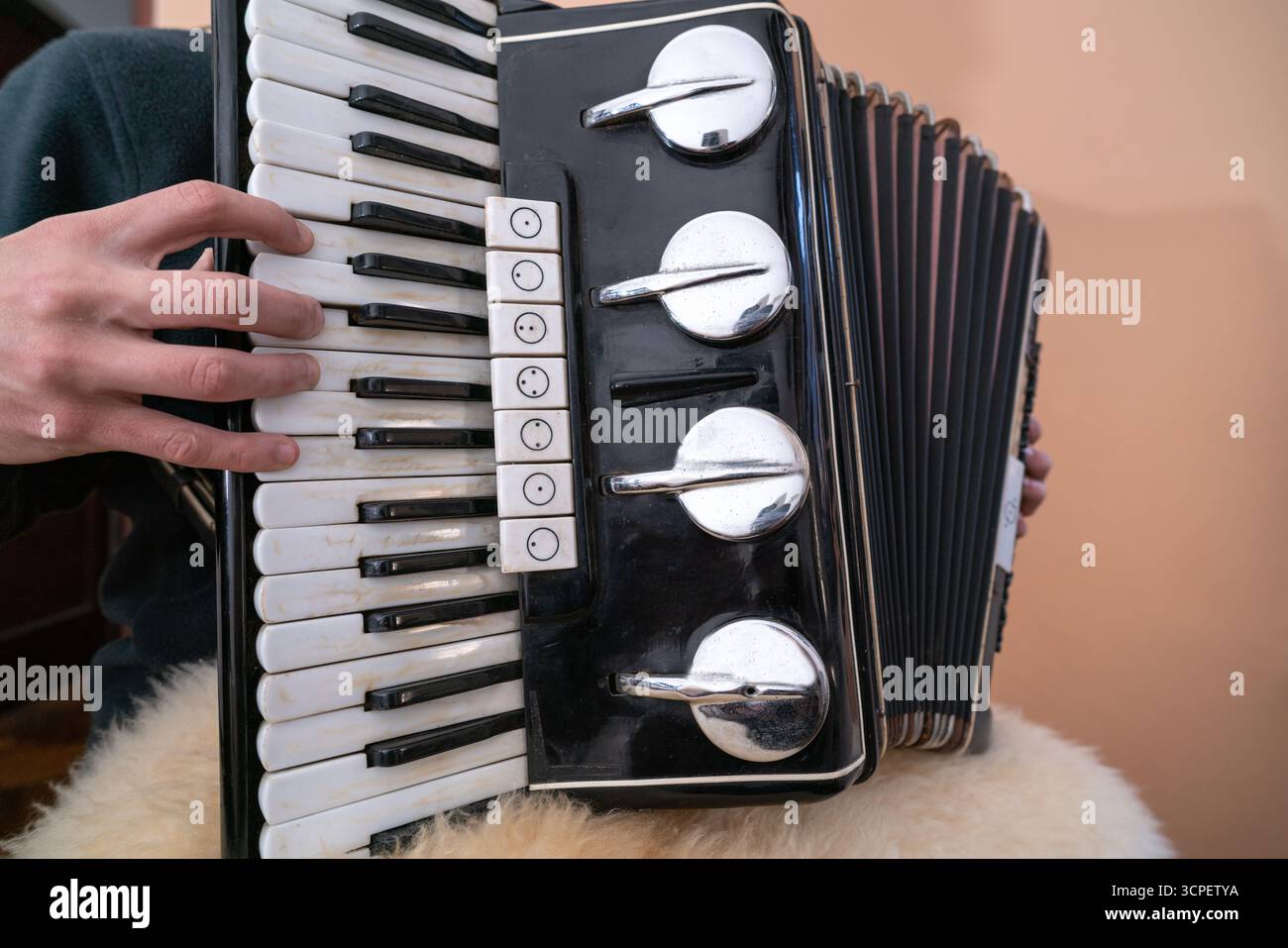 hands playing an old black accordion with piano keys, buttons, and ...