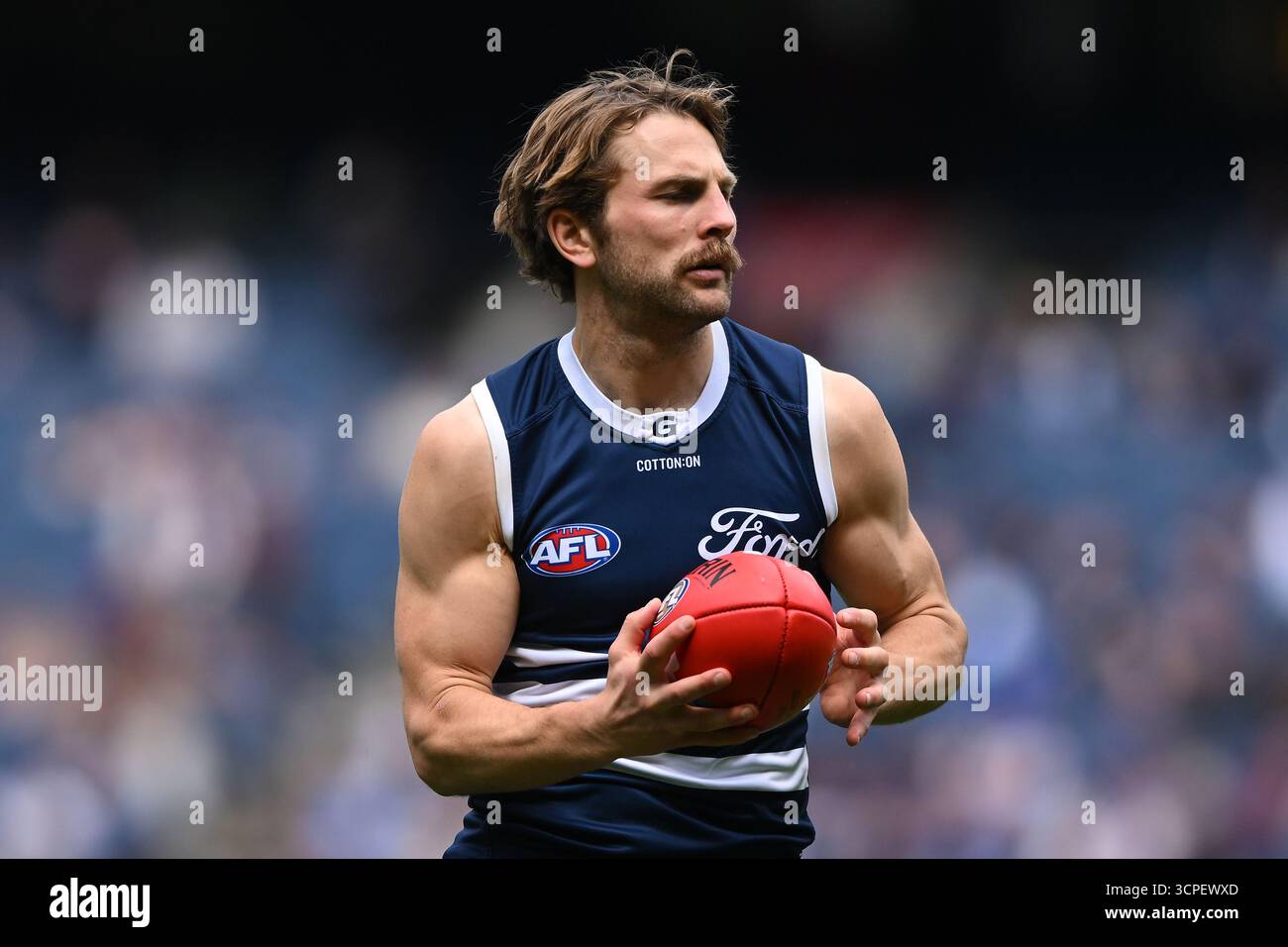 Tom Atkins of Geelong during a Geelong Cats Captains run at the MCG in Melbourne, Friday ...