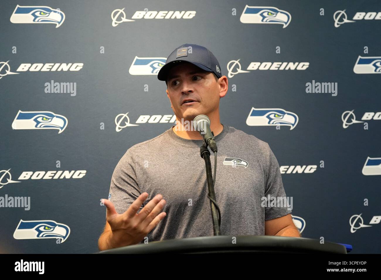 Seattle Seahawks head coach Mike Macdonald speaks during a news ...