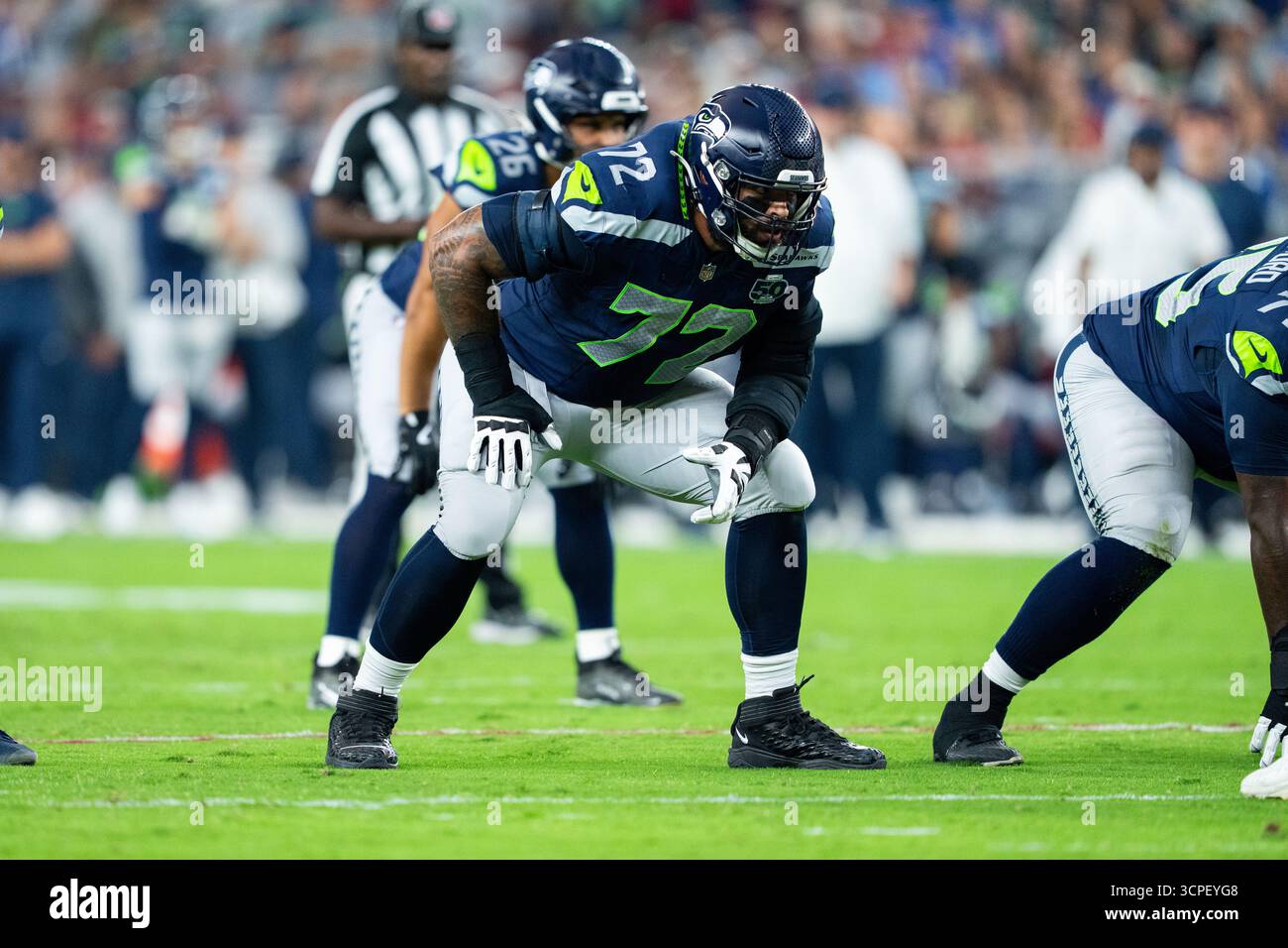 Seattle Seahawks offensive tackle Abraham Lucas (72) lines up during a ...