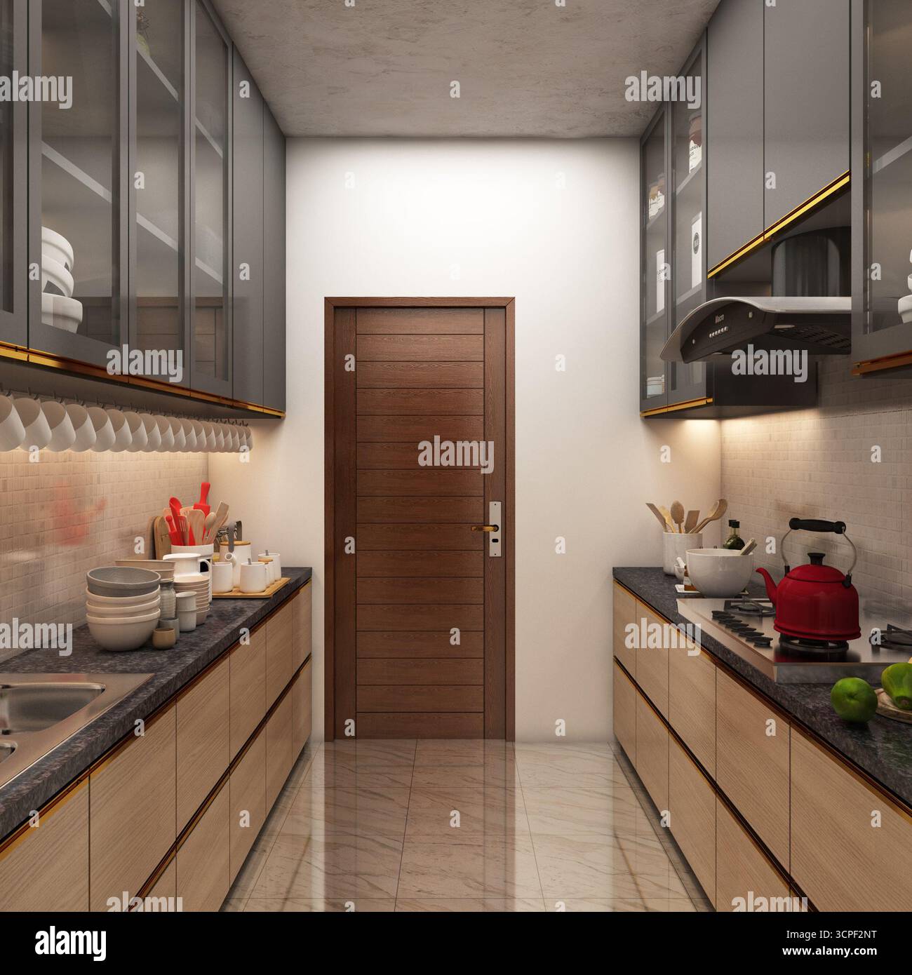 Modern Gray and Wood Galley Kitchen Design | Sleek Interior with Under ...