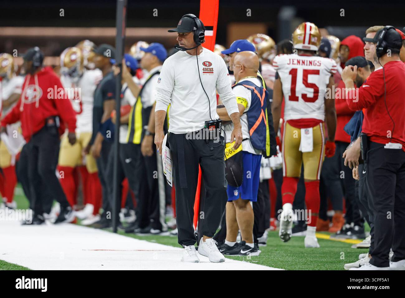 San Francisco 49ers head coach Kyle Shanahan calls a play during an NFL ...