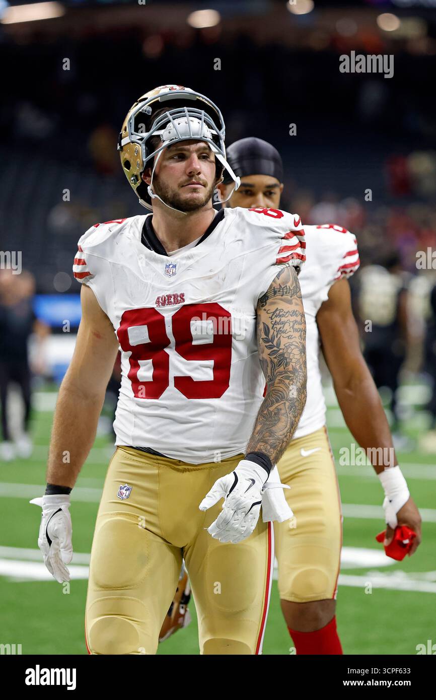 San Francisco 49ers tight end Luke Farrell (89) walks off the field ...