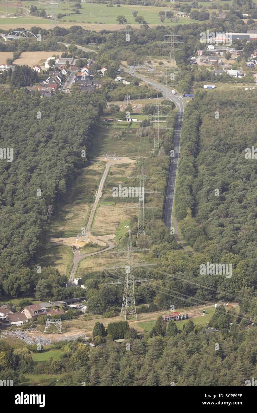 Aerial photo, work on the transmission grid, extra-high-voltage power ...