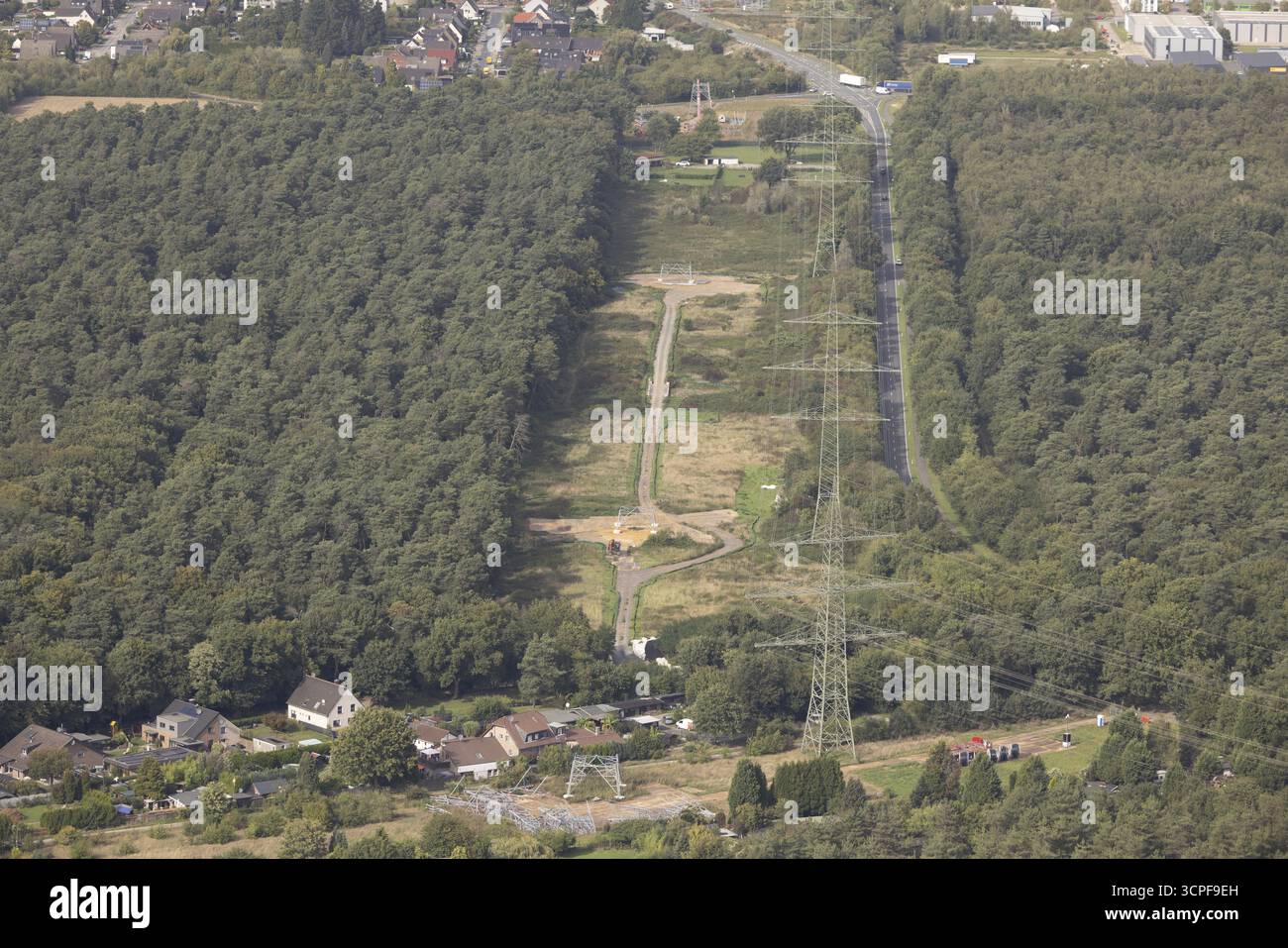 Aerial photo, work on the transmission grid, extra-high-voltage power ...