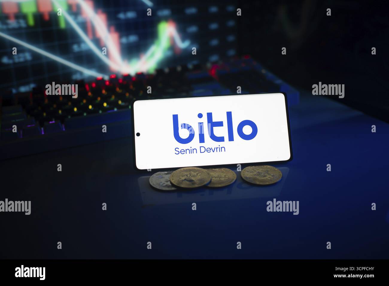Bitlo logo displayed in front of colorful trading charts and coins with ...