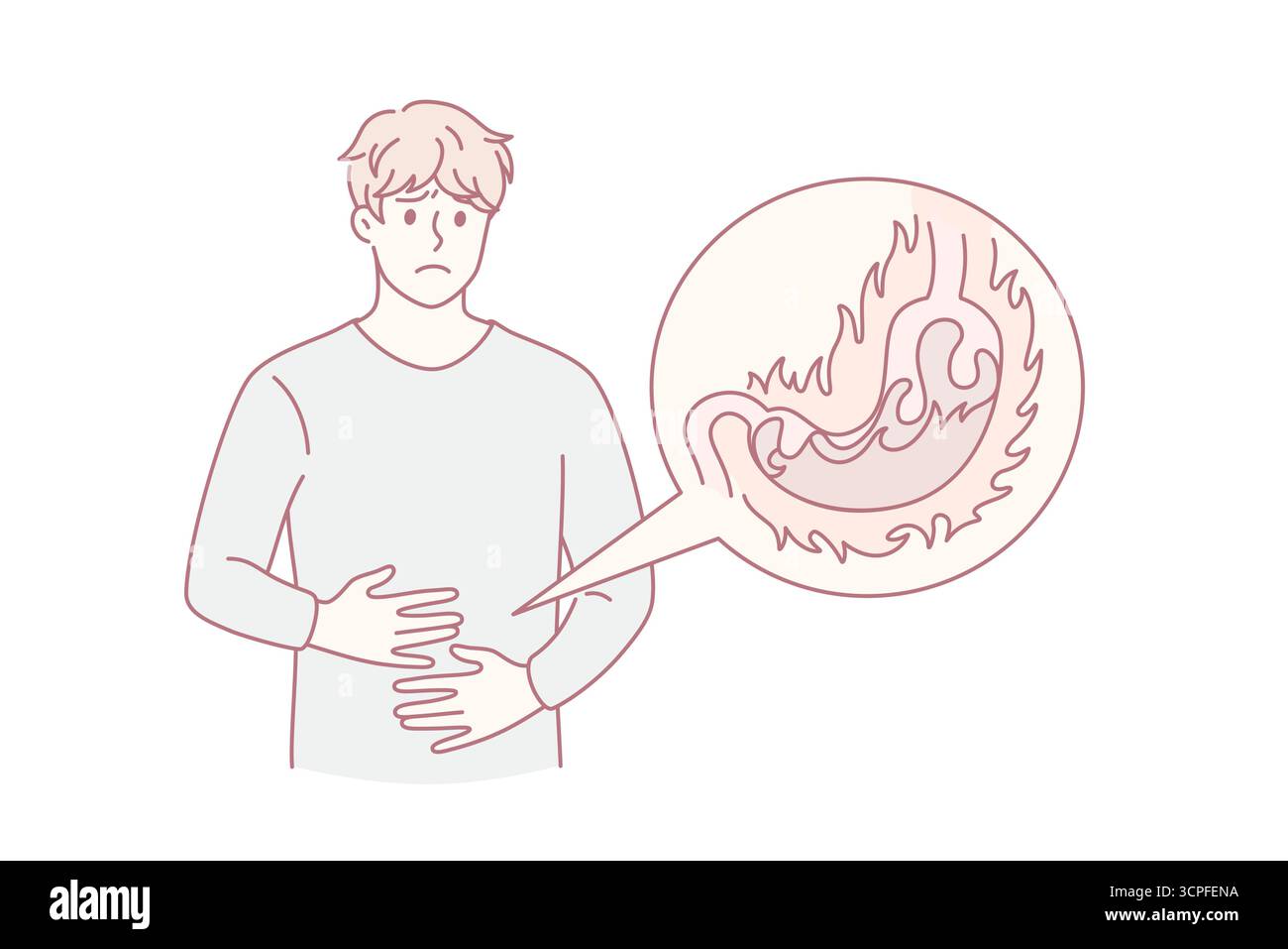 Heartburn and digestive problems concept. Young stressed man cartoon ...