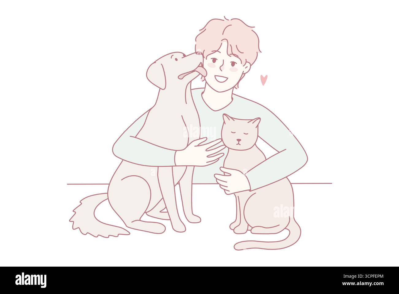 Happy man with cat and dog showing love and care. Smiling guy with pets ...