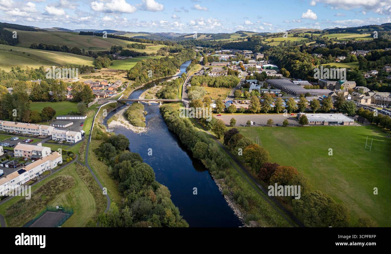 Aerial view of the River Ettrick where is runs though Selkirk, Scottish ...